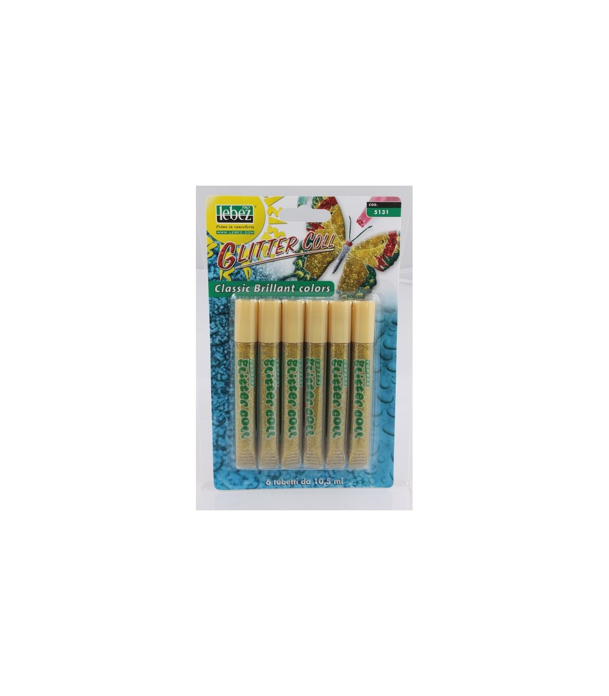 Blister colla glitter Lebez conf. 6 tubetti da 10.5ml colore oro